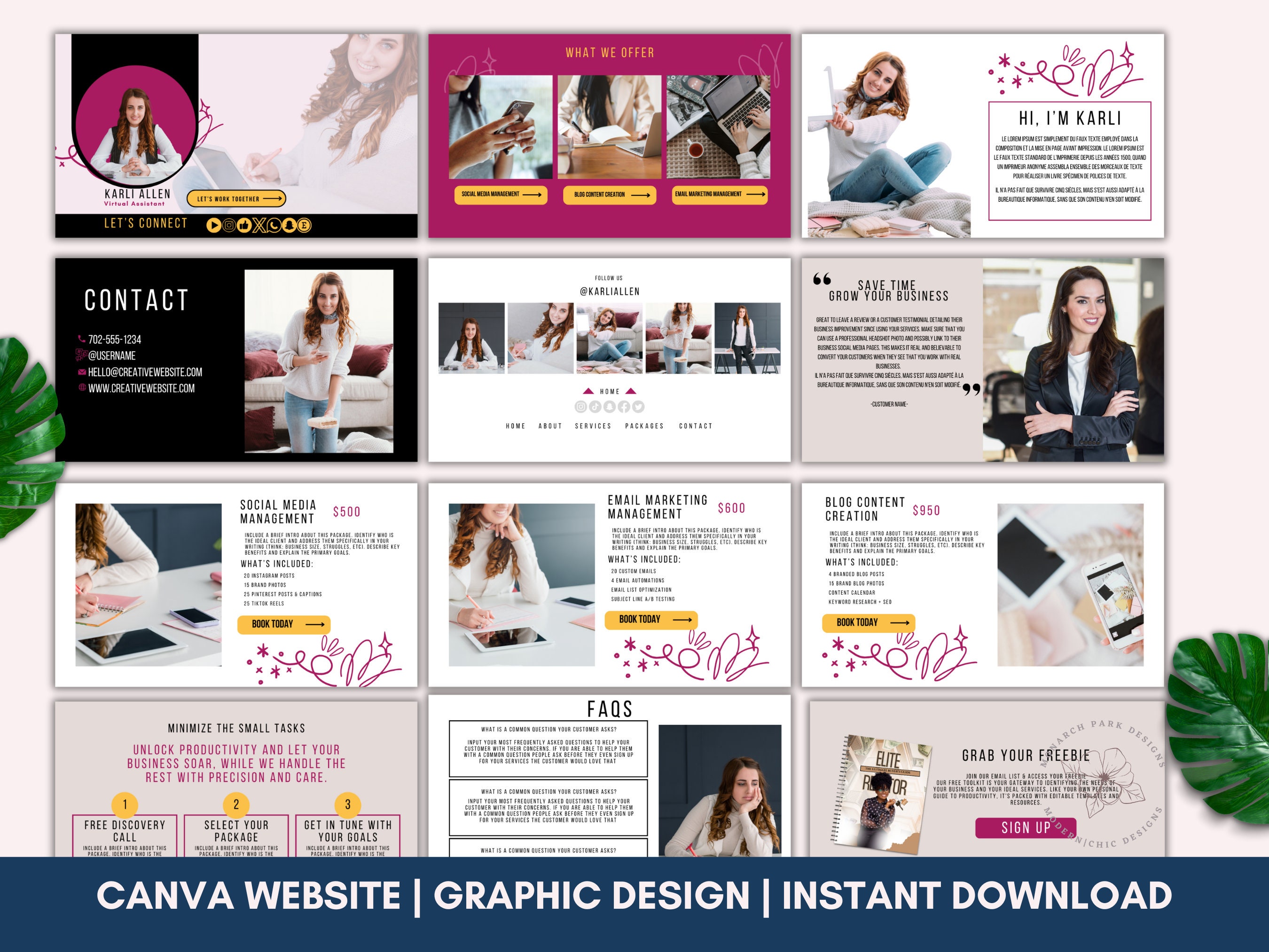 Virtual Assistant Website, Pink Canva Website Template, Landing Page ...