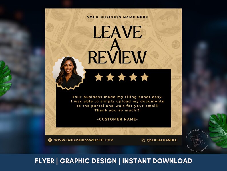 Leave a Review Flyer, Black Gold Tax Business Canva Template (digital ...