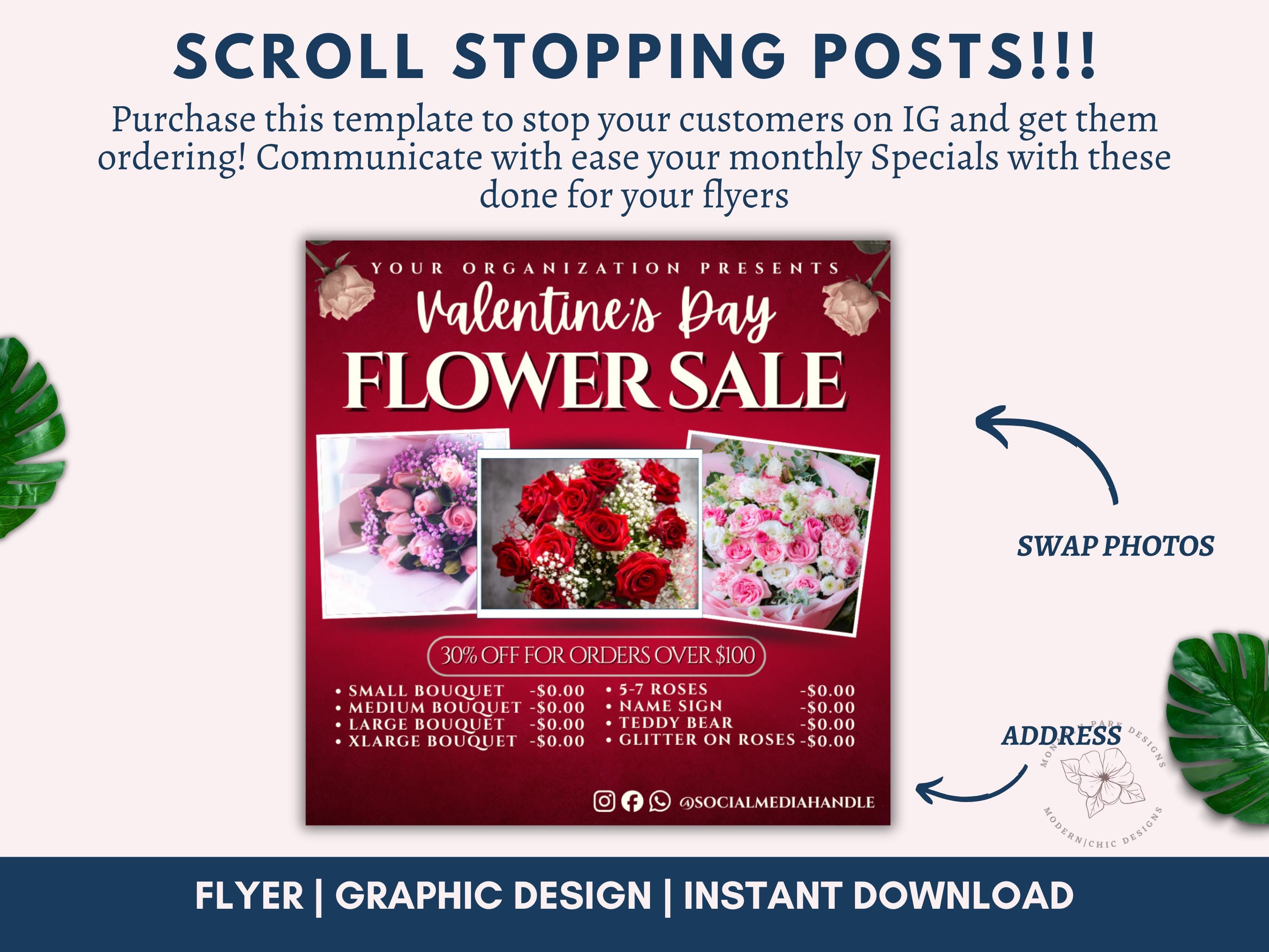 Valentine’s Day Flower Sale Flyer Template, Florist Valentine Bouquet ...