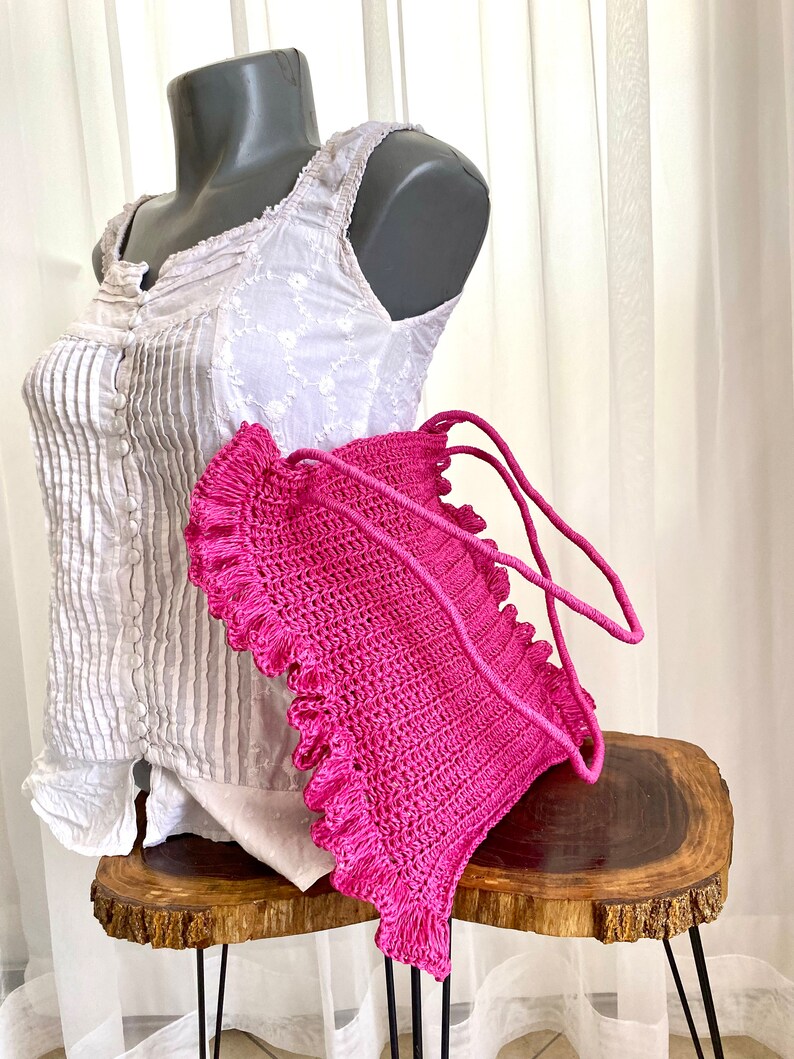 Pink Raffia Bag, Ruffle Bag, Weave Summer Bag, Party Bag, Bohemian ...
