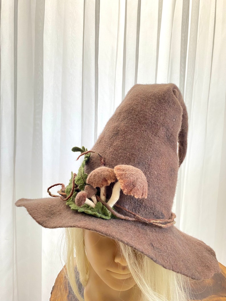 Felted Woodland Witch Hat With Mushrooms, Brown Forest Wizard Hat ...