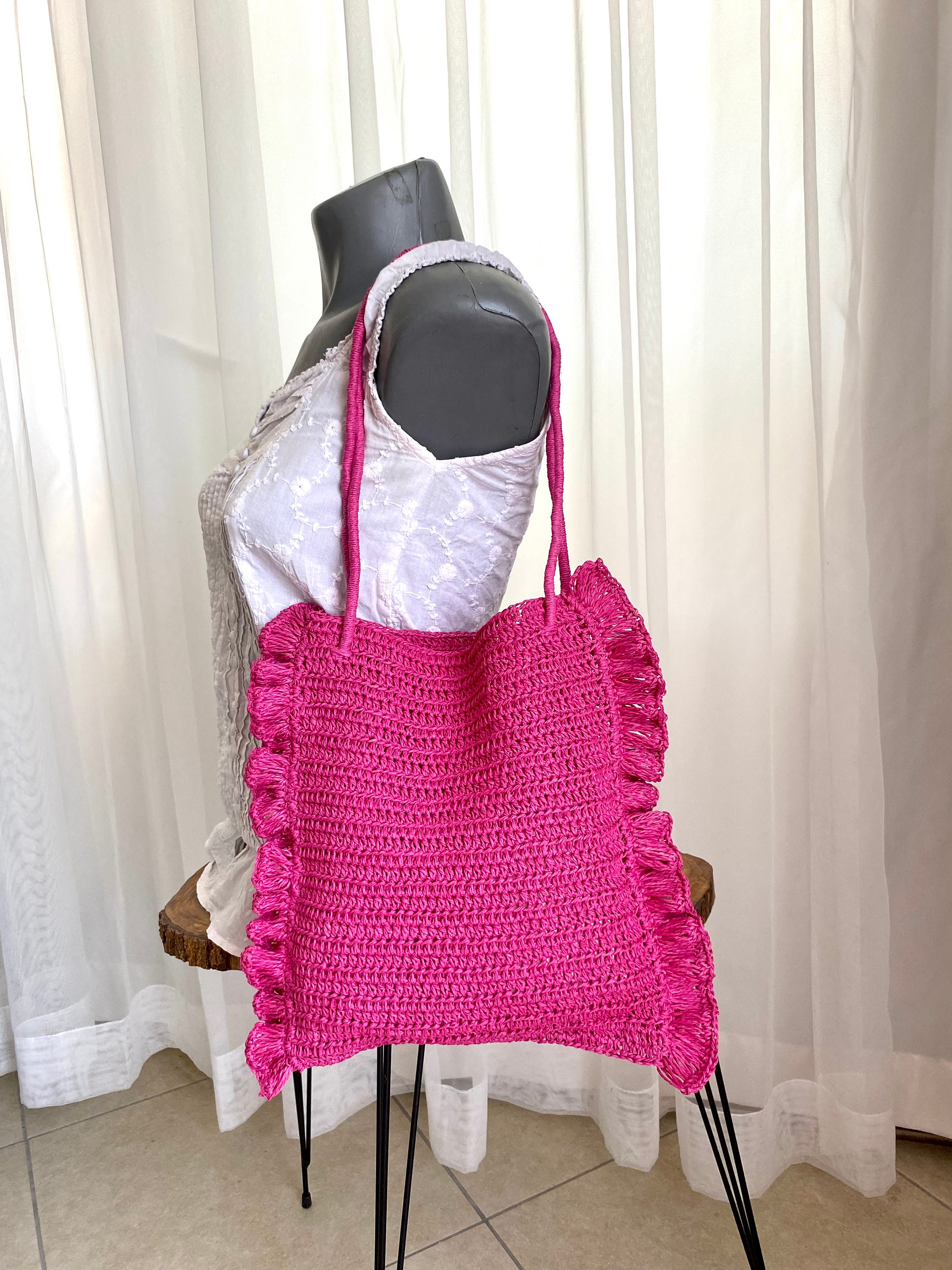 Pink Raffia Bag, Ruffle Bag, Weave Summer Bag, Party Bag, Bohemian ...