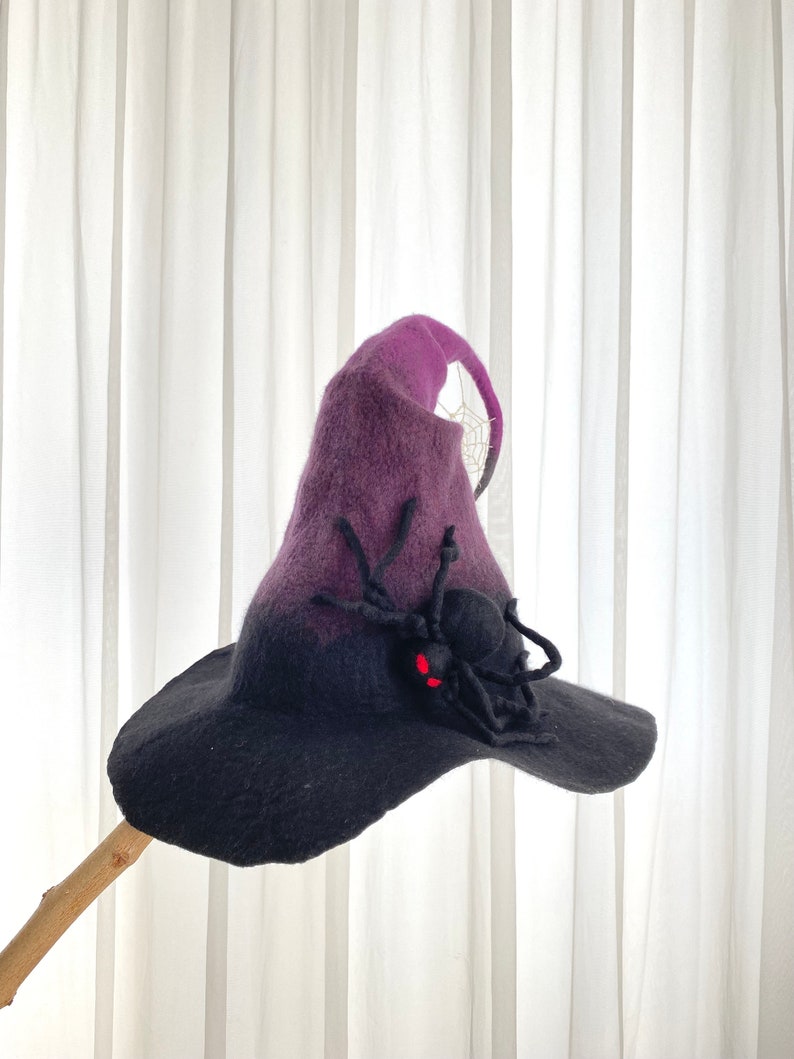 Felted Witch Hat, Wizard Hat With Spider, Black and Purple Halloween ...