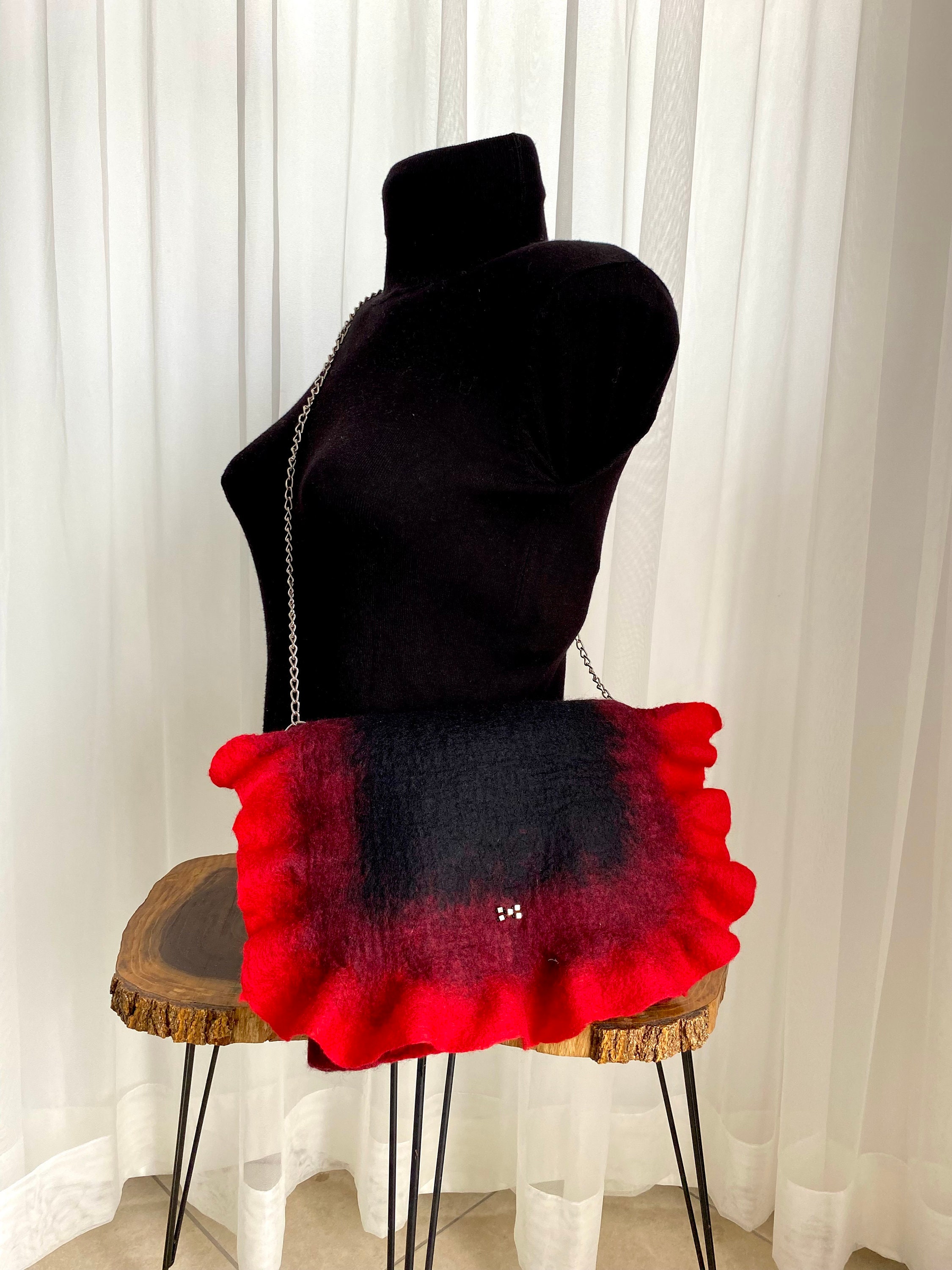 Elegant Felted Bag Red Bag With Ruffle Black Felt Bag - Etsy