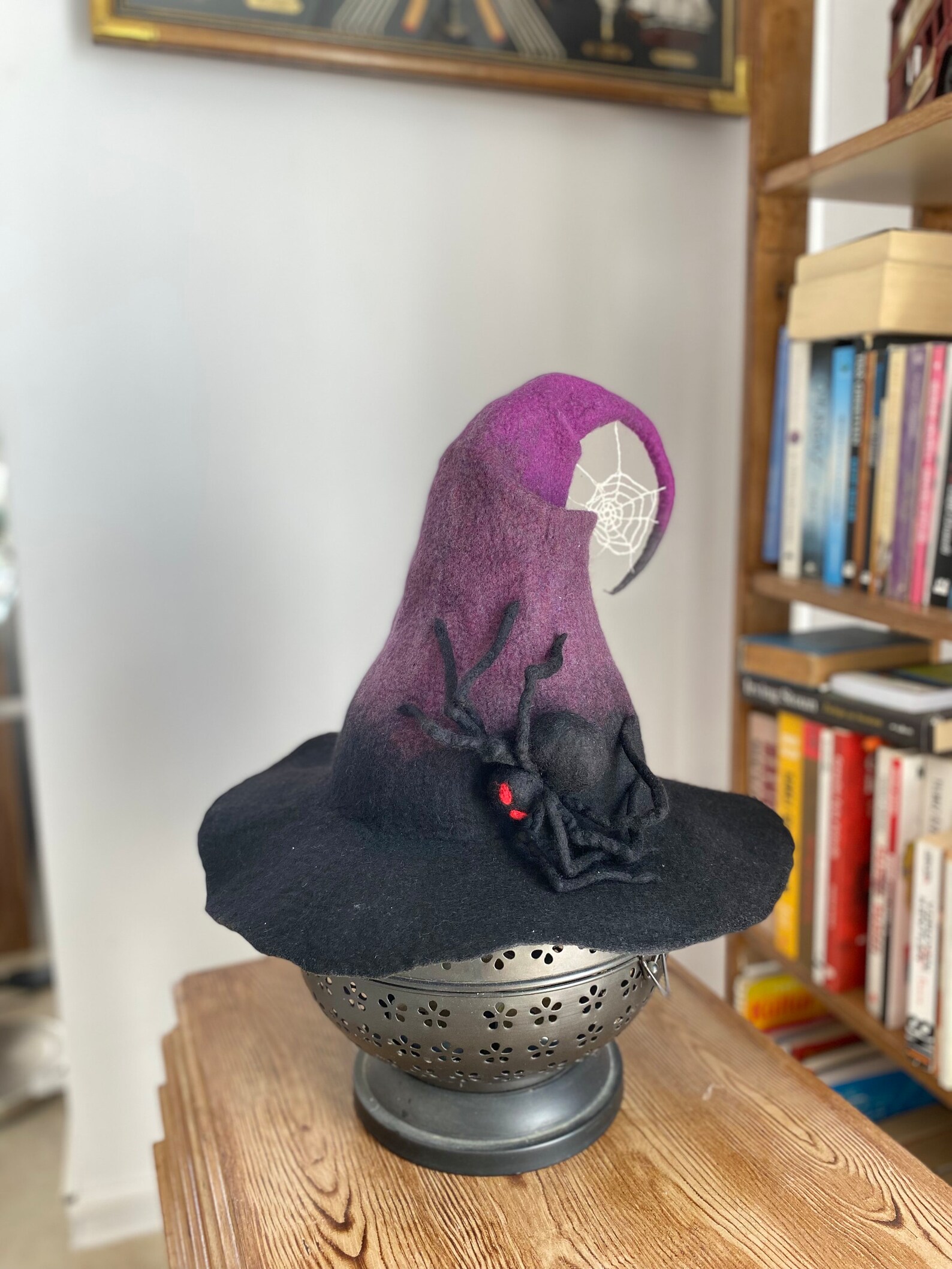 Felted Witch Hat, Wizard Hat With Spider, Black and Purple Halloween ...