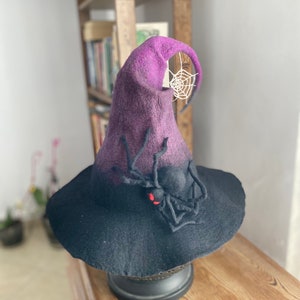 Felted Witch Hat, Wizard Hat With Spider, Black and Purple Halloween ...