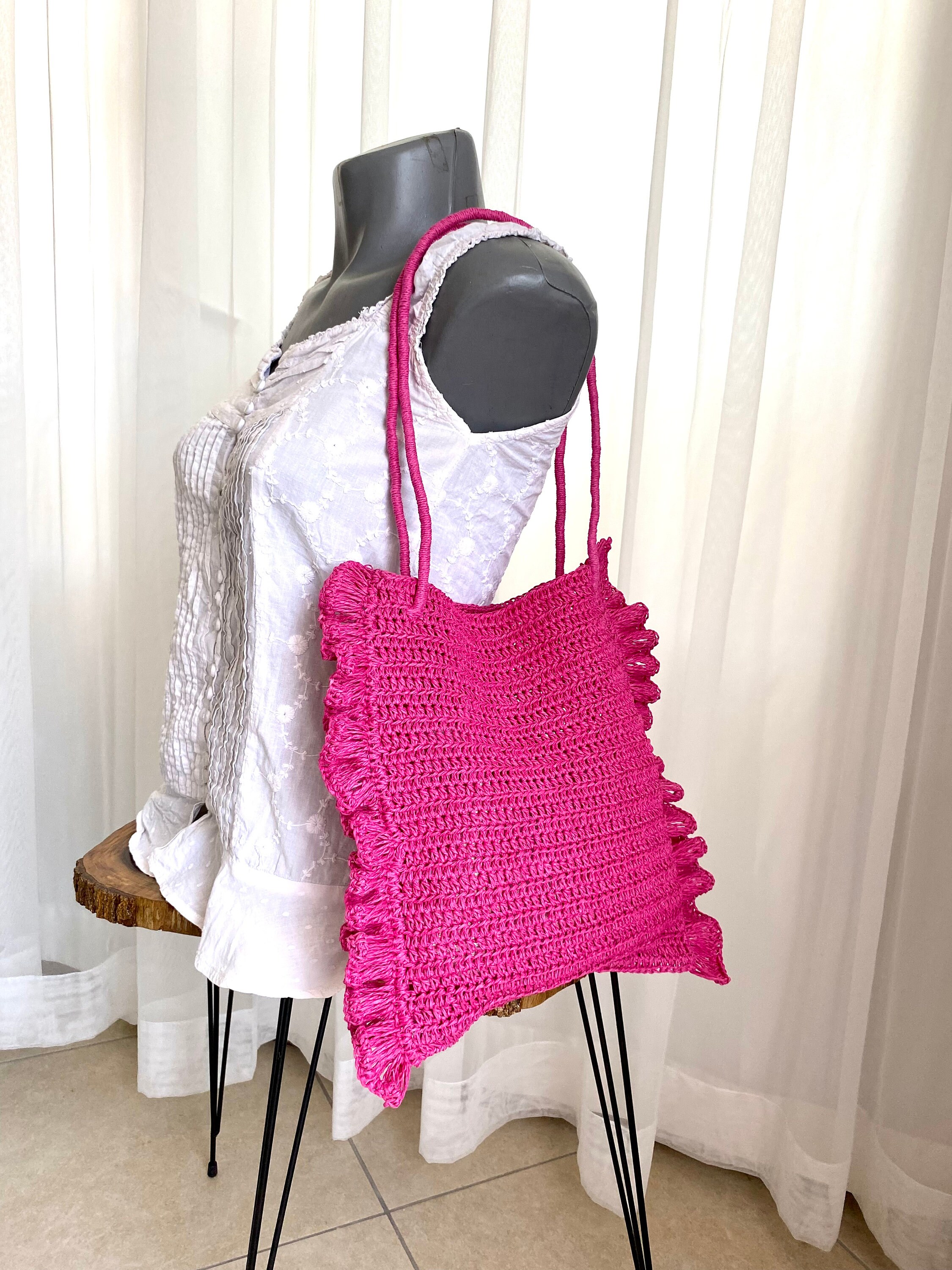 Pink Raffia Bag, Ruffle Bag, Weave Summer Bag, Party Bag, Bohemian ...