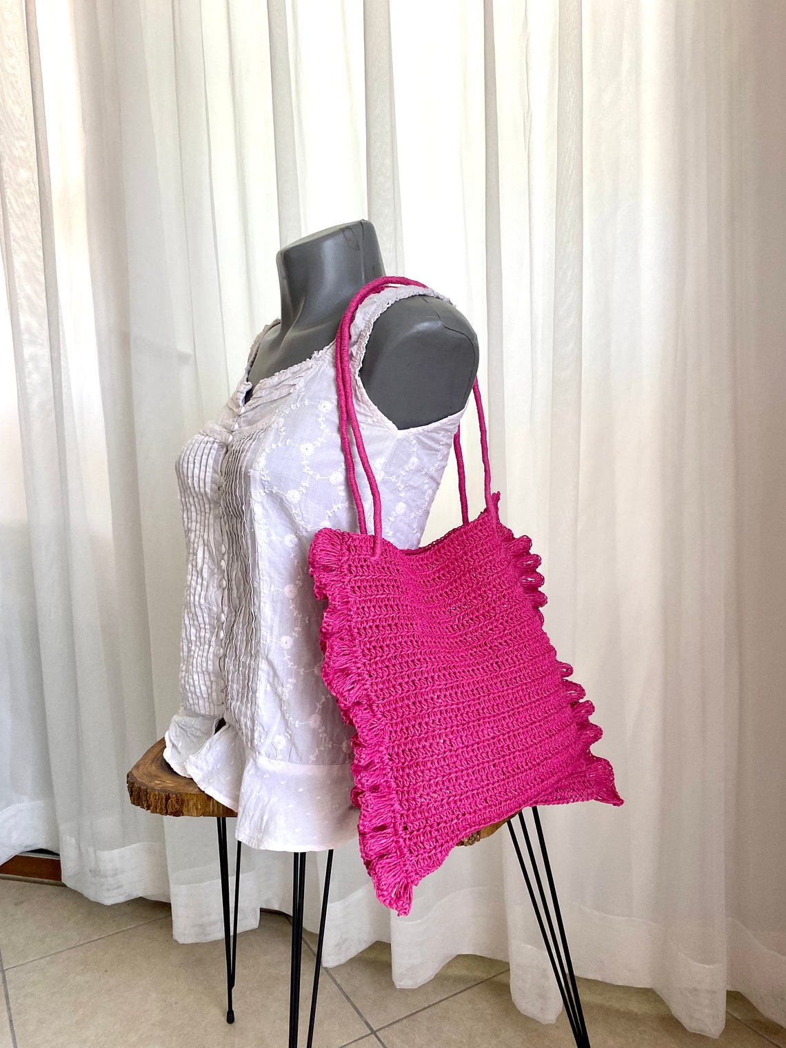 Pink Raffia Bag, Ruffle Bag, Weave Summer Bag, Party Bag, Bohemian ...
