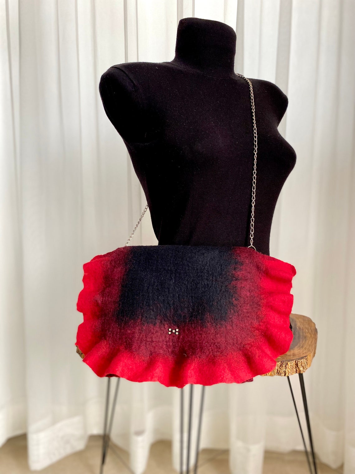 Elegant Felted Bag Red Bag With Ruffle Black Felt Bag - Etsy