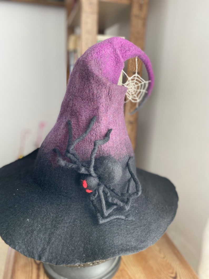 Felted Witch Hat, Wizard Hat With Spider, Black and Purple Halloween ...