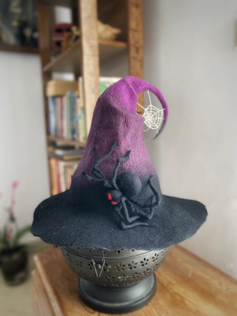 Felted Witch Hat, Wizard Hat With Spider, Black and Purple Halloween ...