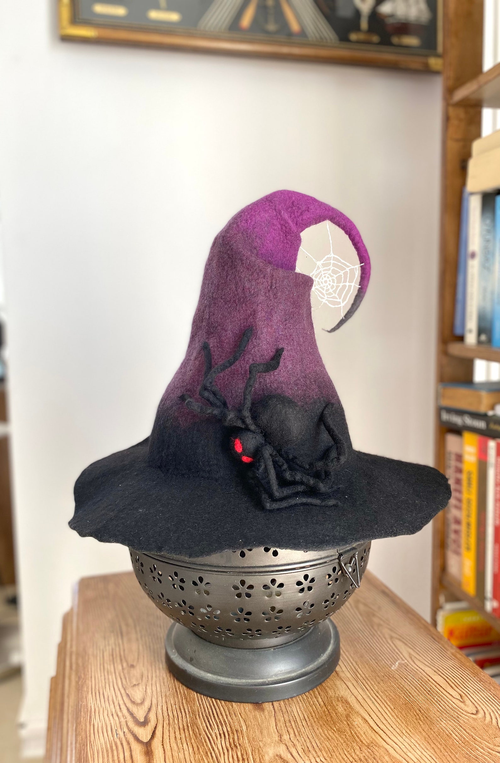 Felted Witch Hat, Wizard Hat With Spider, Black and Purple Halloween ...