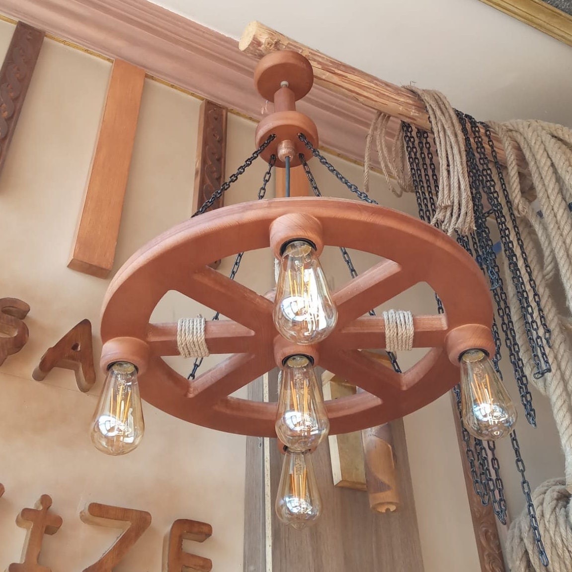 Wheel Chandelier 5 Lamps With Rope - Etsy