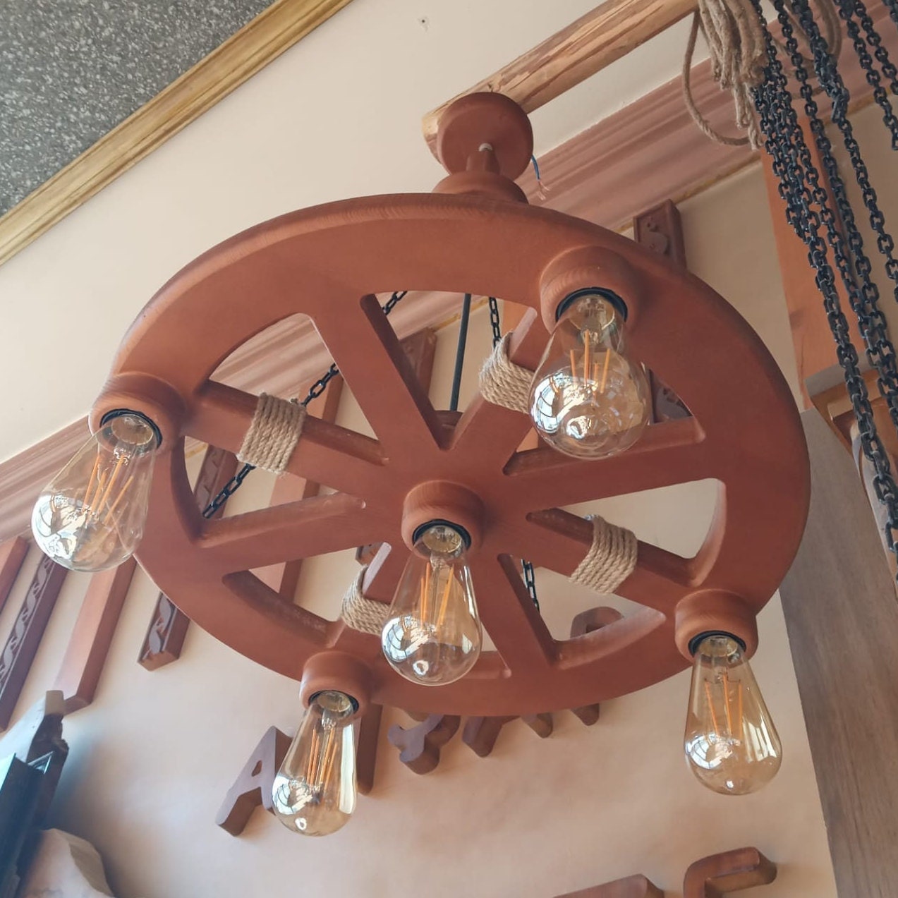 Wheel Chandelier 5 Lamps With Rope - Etsy