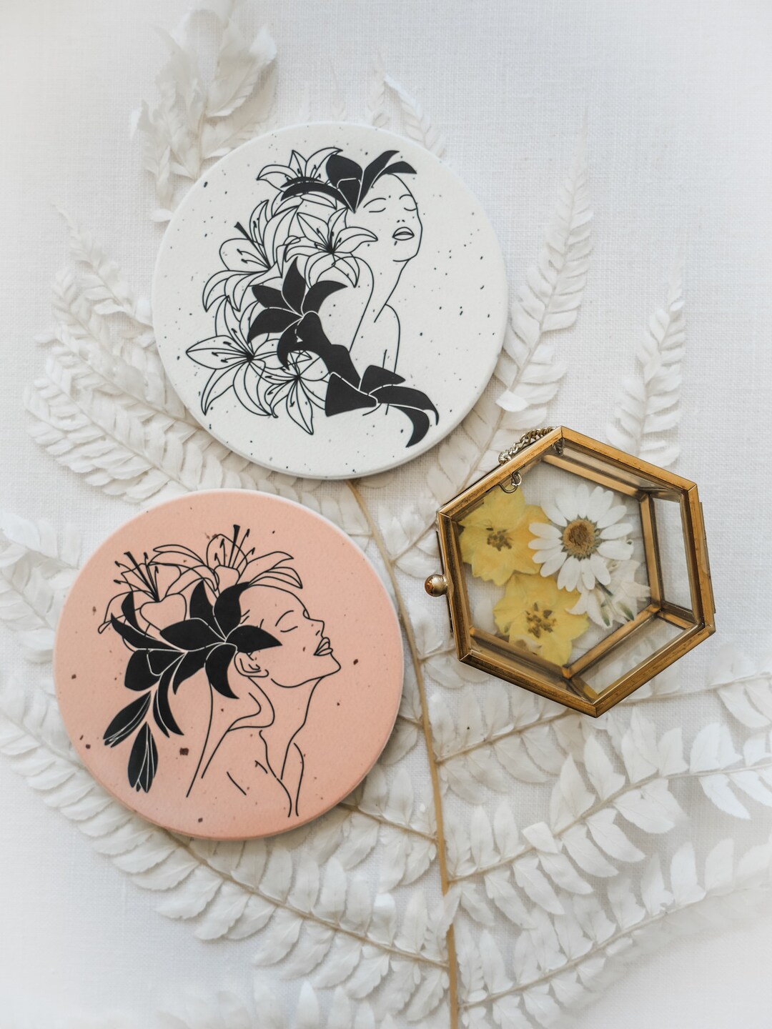 Female Line Art Ceramic Coaster, Floral Feminine Woman Coasters, Woman ...