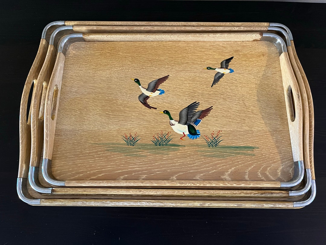 Vintage Set of 3 MCM Jet Line Scenic Geese Wooden and Metal Trays - Etsy