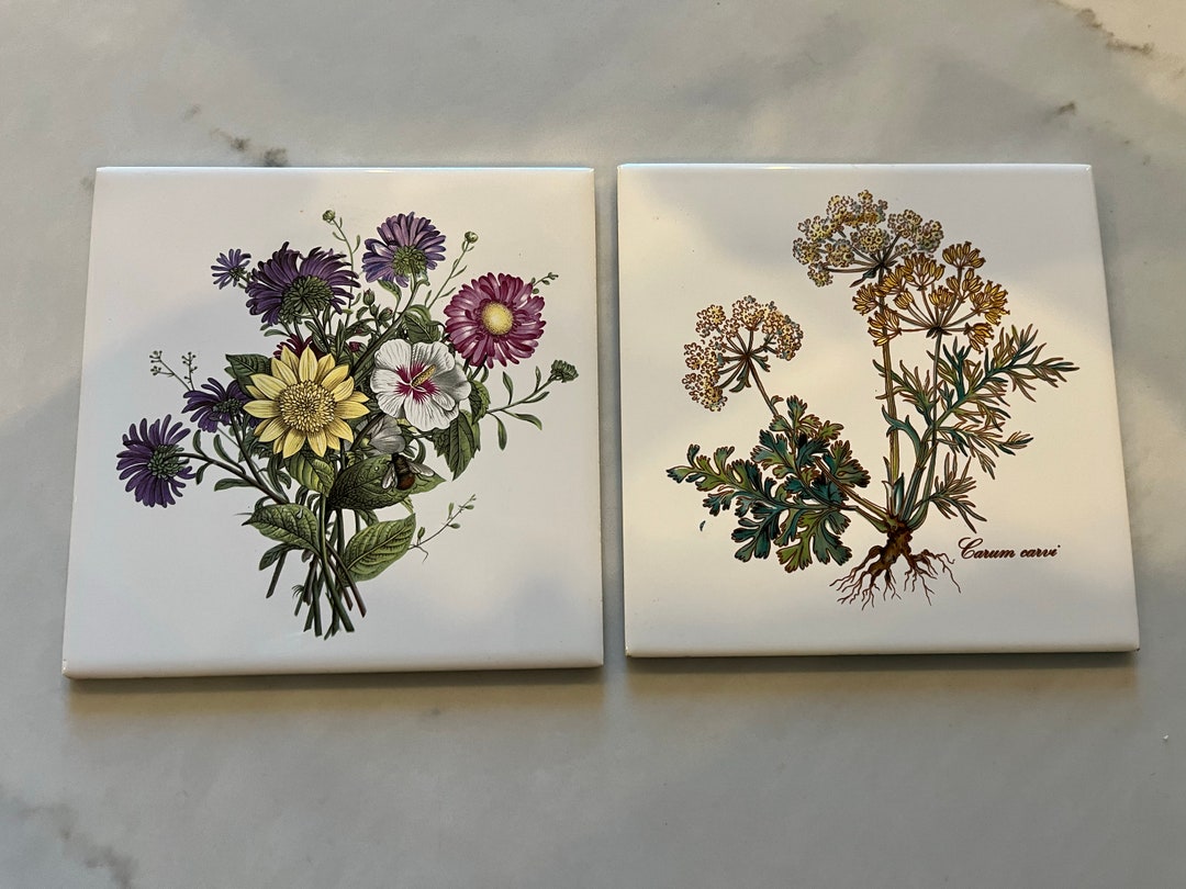 A Vintage Pair of Flower Ceramic Tiles - Etsy