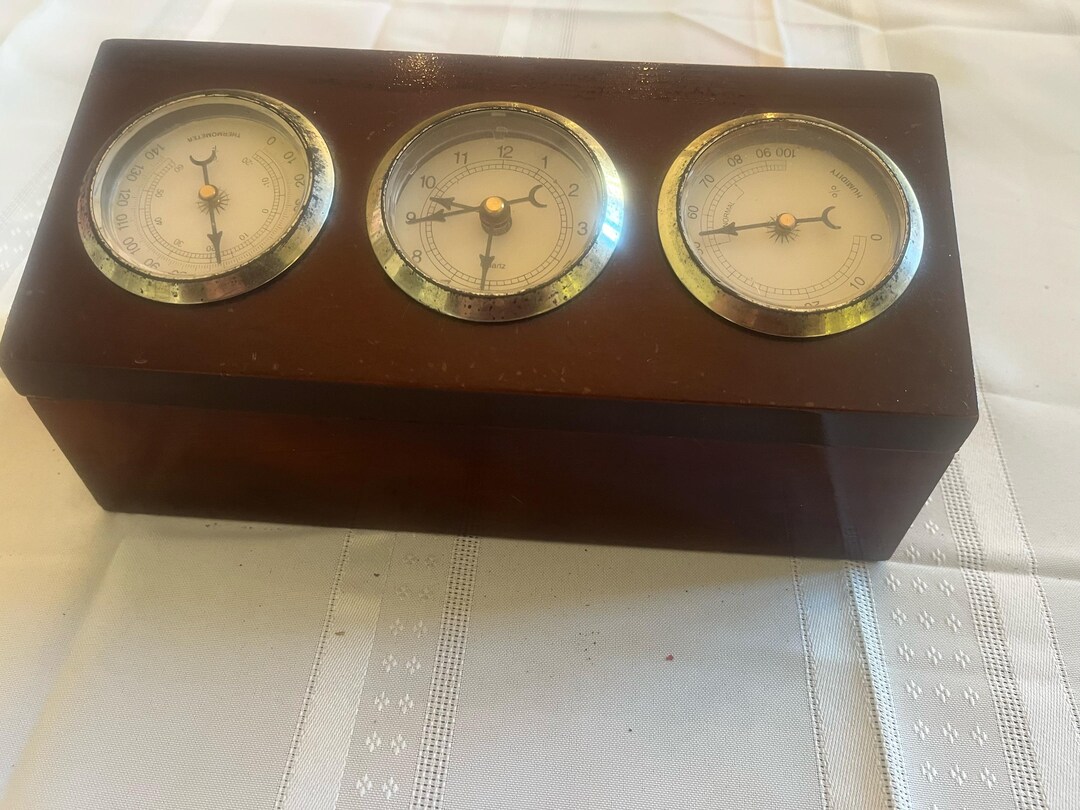 Vintage Desk Clock, Thermometer, Humidity Flip Top Storage Box - Etsy