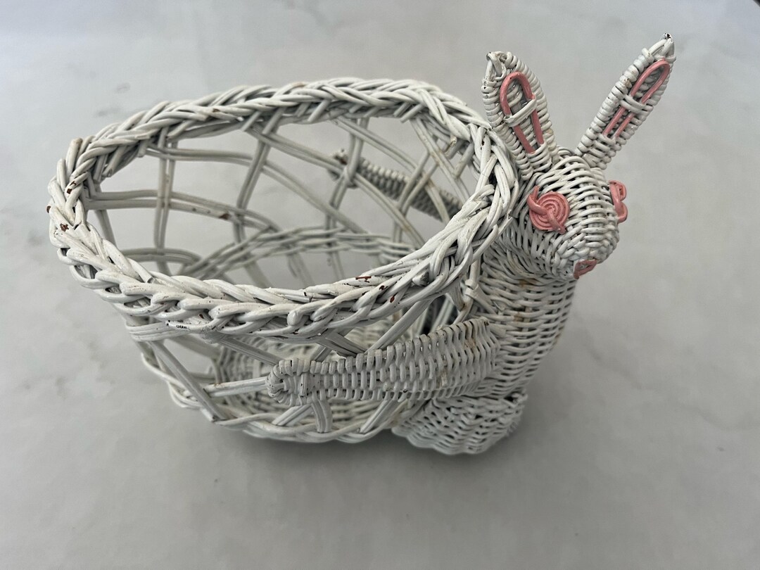 Vintage White and Pink Wicker Rabbit Plant Holder - Etsy