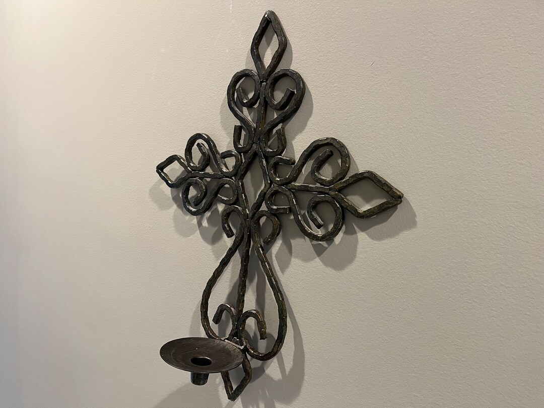 A Heavy Weighted Vintage Metal Cross Shaped Pillar Candle Wall Hanging ...