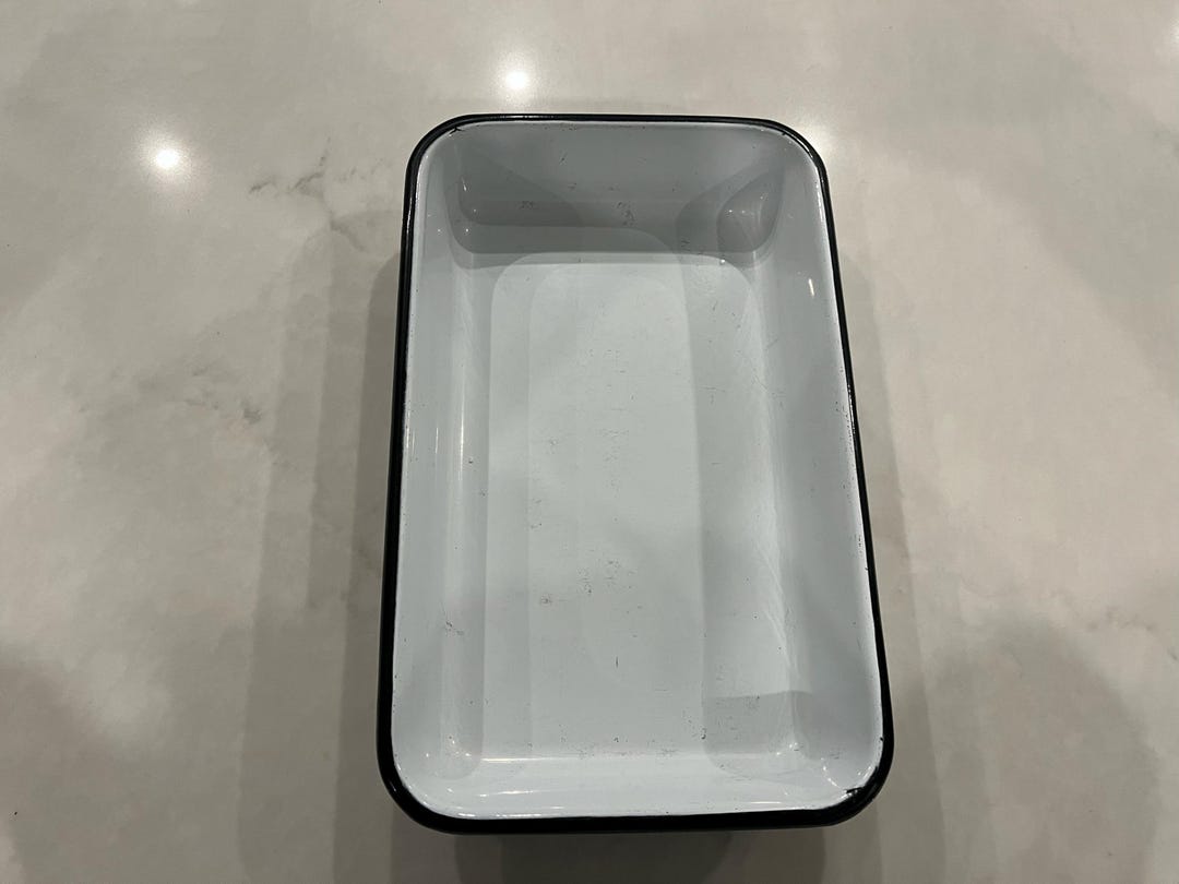 Vintage White and Black Rectangular Enamelware Pan - Etsy