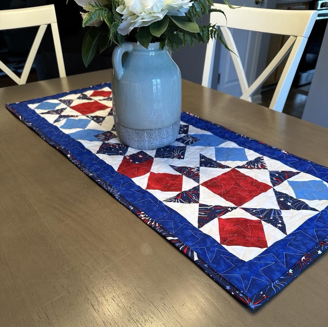 Patriotic Table Runner in Red White and Blue /quilted/rectangle/approx ...