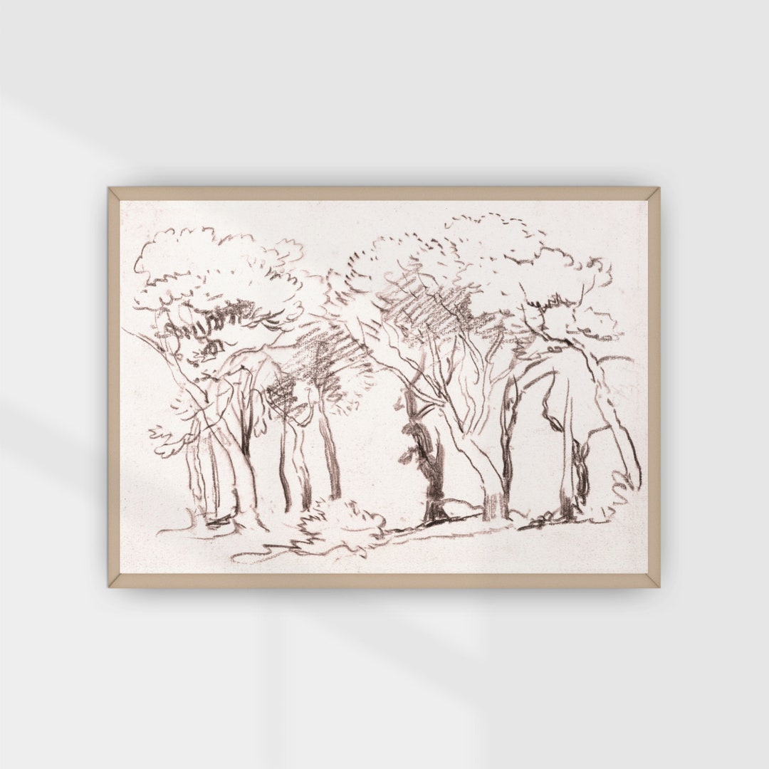 Forest Sketch / Black Crayon Drawing / Study of Trees / Vintage Art ...