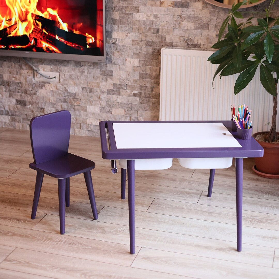 Purple Montessori Table Set – 100% Birch Wood Kids Activity Table With ...