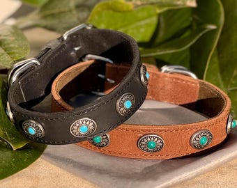 Tooled Leather Concho Dog Collar | Turquoise | Southwestern Pet Collar ...
