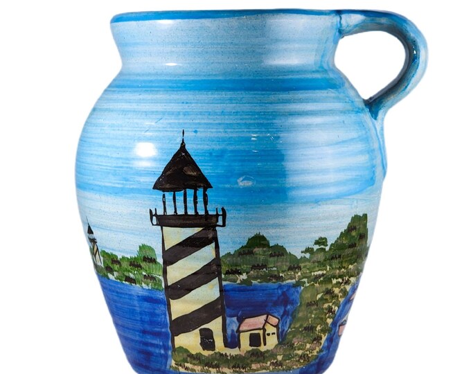 Nautical Themed Pitcher Jug Bean Pot Beach House Lighthouse WCL Pottery ...