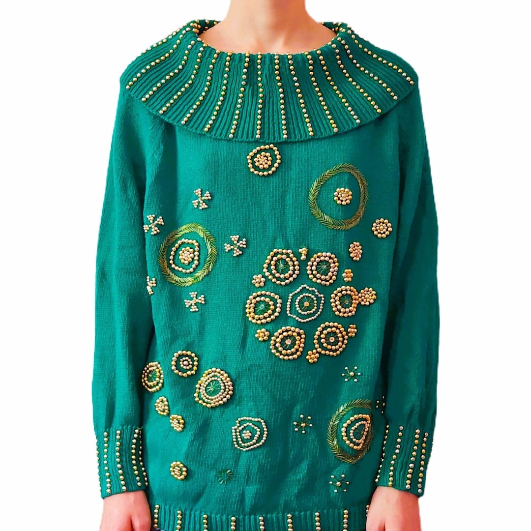 90s Vintage Beaded Sweater Embellished Bedazzled Granny Shirt Cowl Neck ...