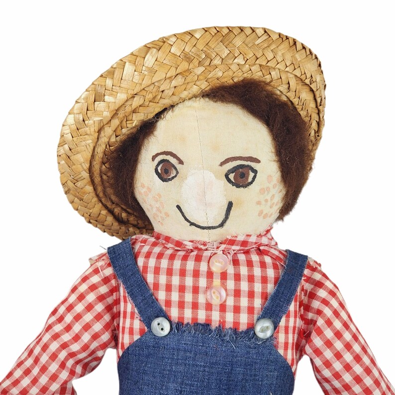 Antique Vintage Rag Doll Farmer With Straw Hat Handmade Scarecrow ...