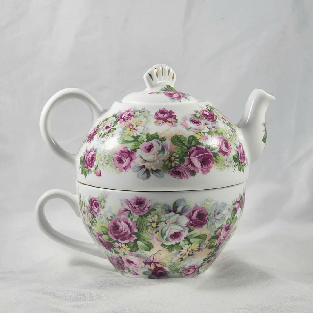 Vintage Crown Victorian Double Teapot Floral Rose Staffordshire Teacup ...