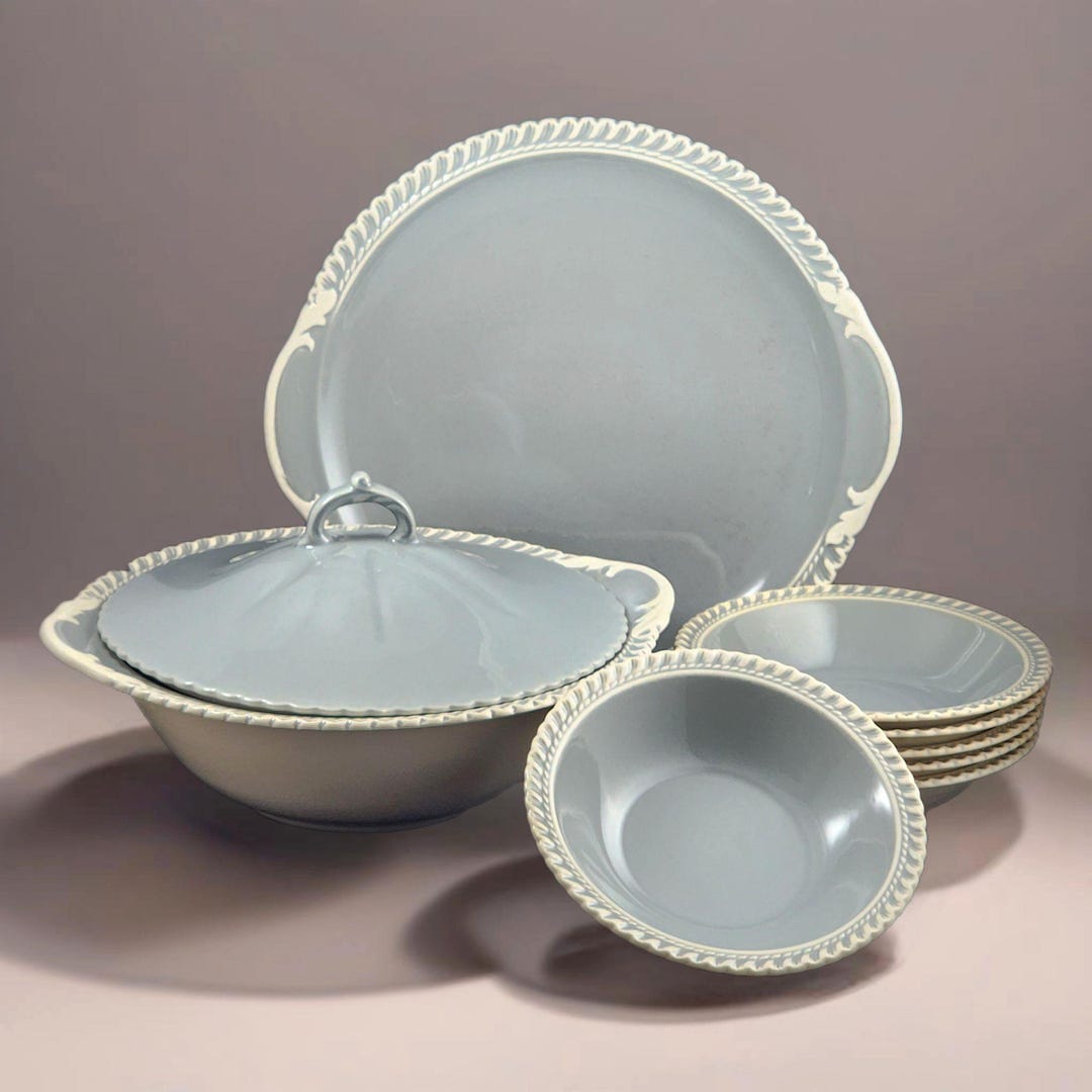 Vintage Harker Bowl Set W/ Cake Plate 9pc Chesterton Light Gray Blue ...