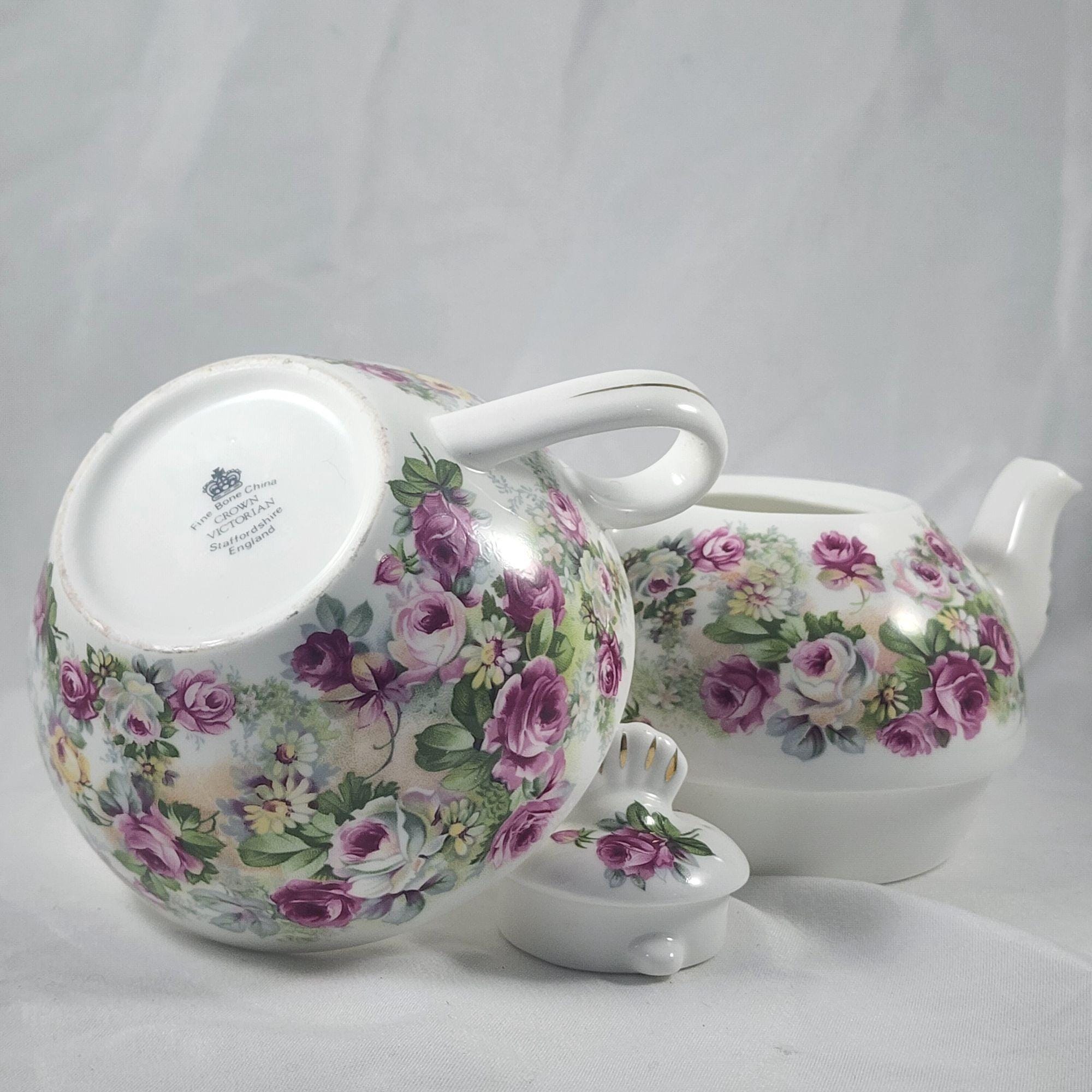 Vintage Crown Victorian Double Teapot Floral Rose Staffordshire Teacup ...