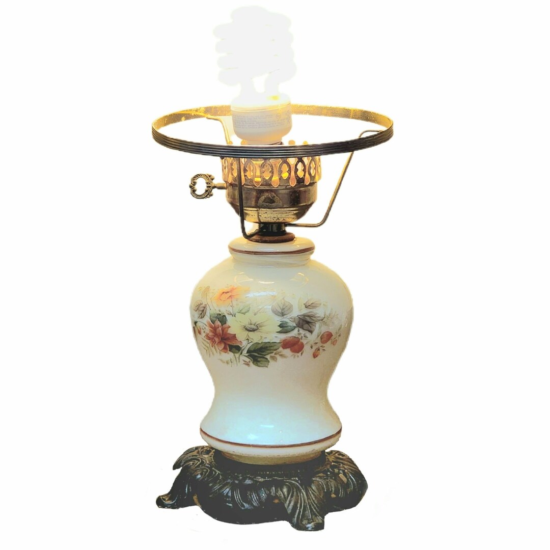 Vintage GWTW Hurricane Table Lamp Wild Flowers Glass Brass Large Metal ...
