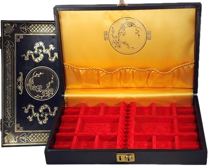 Large Vintage Jewelry Box MCM Asian Theme Black Faux Leather Velvet ...