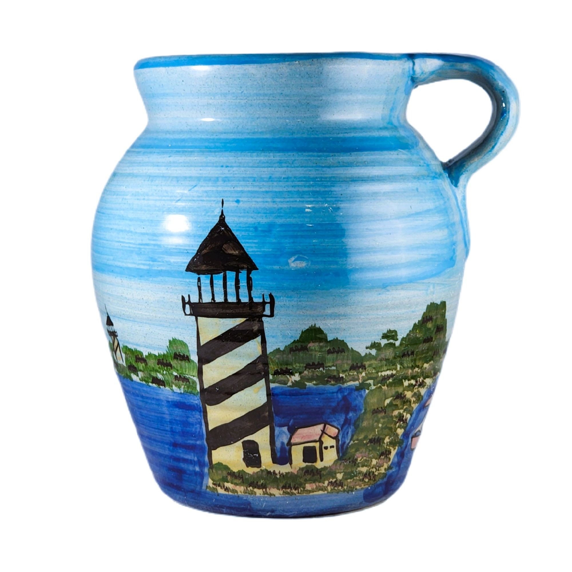 Nautical Themed Pitcher Jug Bean Pot Beach House Lighthouse WCL Pottery ...