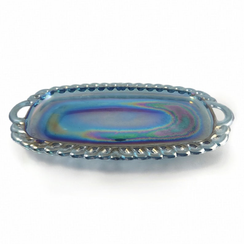 Vintage Carnival Glass Butter Tray Iridescent Blue Rainbow Trinket Dish ...