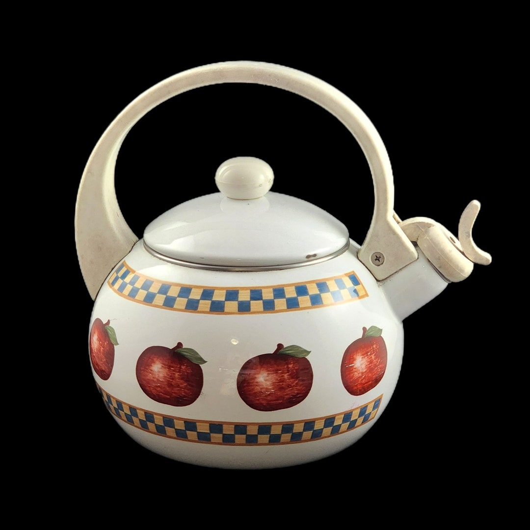 Vintage Enamel Tea Pot Country Orchard Farmhouse Apples Vtg Metal ...