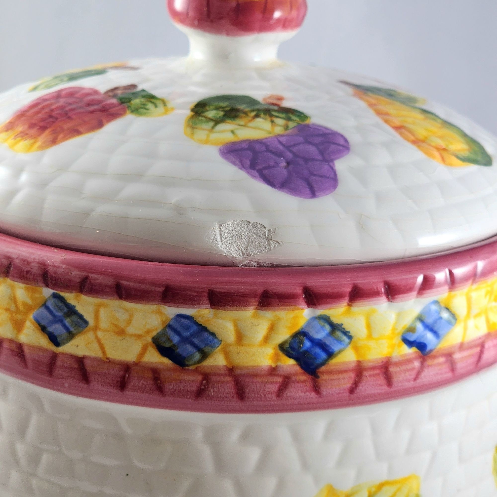 Vintage Farmhouse Canister Set 3pc Fruit Brick Pixel Pattern Ceramic ...