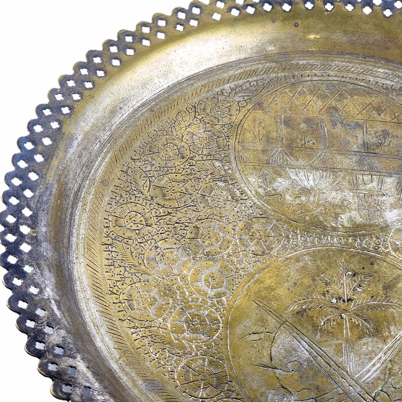 Vintage Middle Eastern Serving Tray Saudi Arabian Round Platter Palm ...