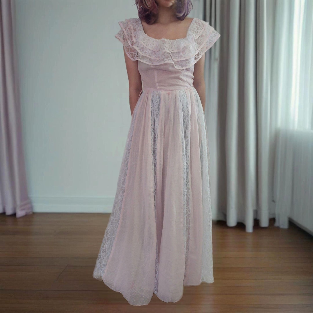Vintage Prom Dress Halloween Costume Pink Lace Handmade Prairie ...