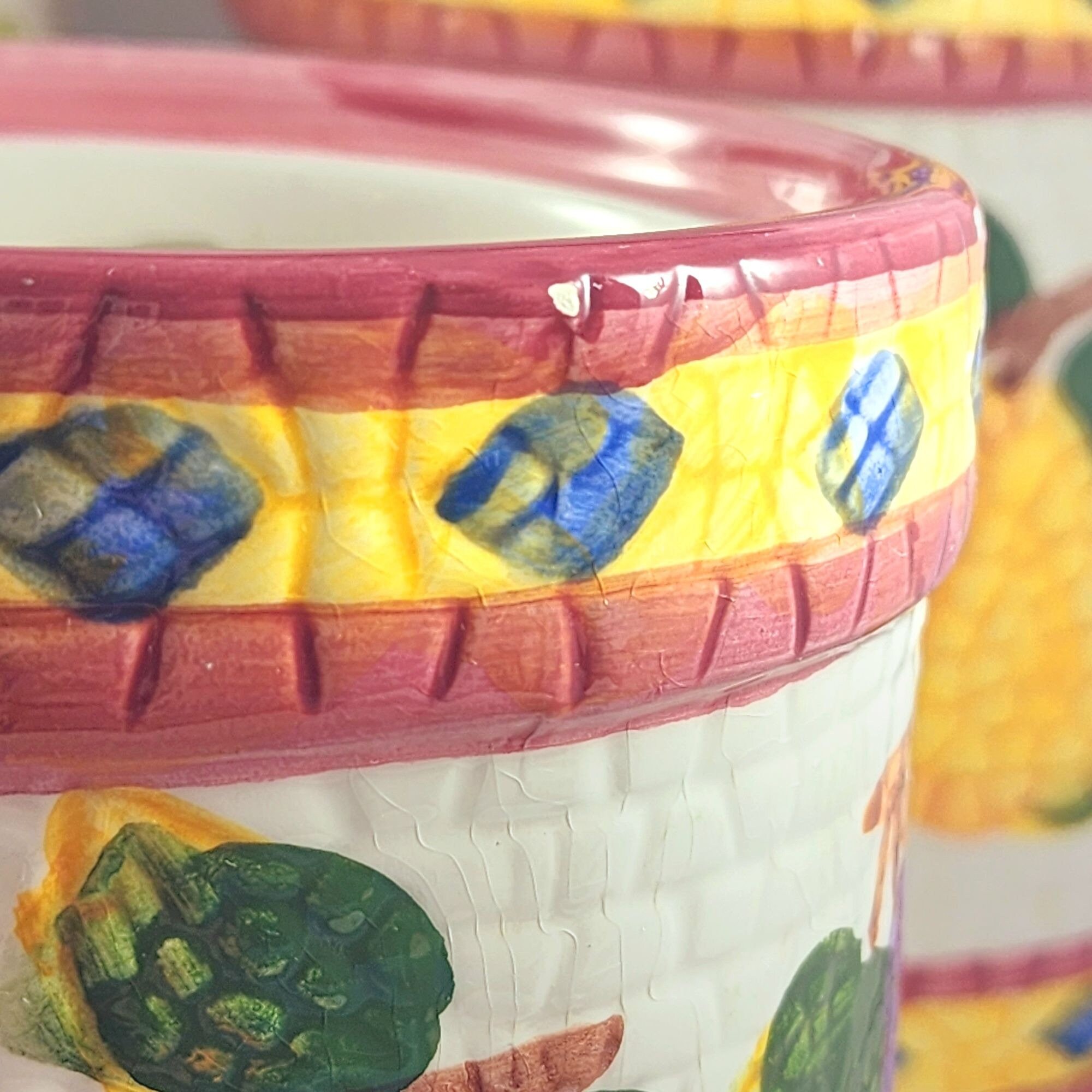 Vintage Farmhouse Canister Set 3pc Fruit Brick Pixel Pattern Ceramic ...