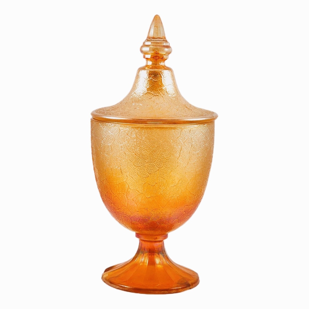 Vintage Marigold Candy Dish Lidded Crackle Pattern Imperial Carnival ...