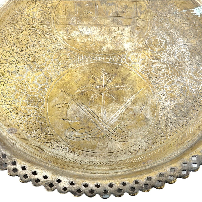 Vintage Middle Eastern Serving Tray Saudi Arabian Round Platter Palm ...