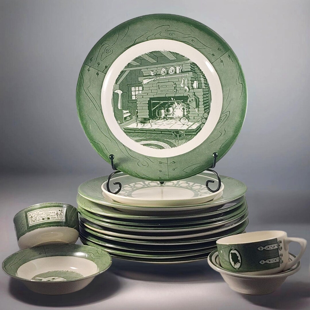 Colonial Homestead Green 15pc Dinnerware Set Dinner Plates Bowls Cups ...