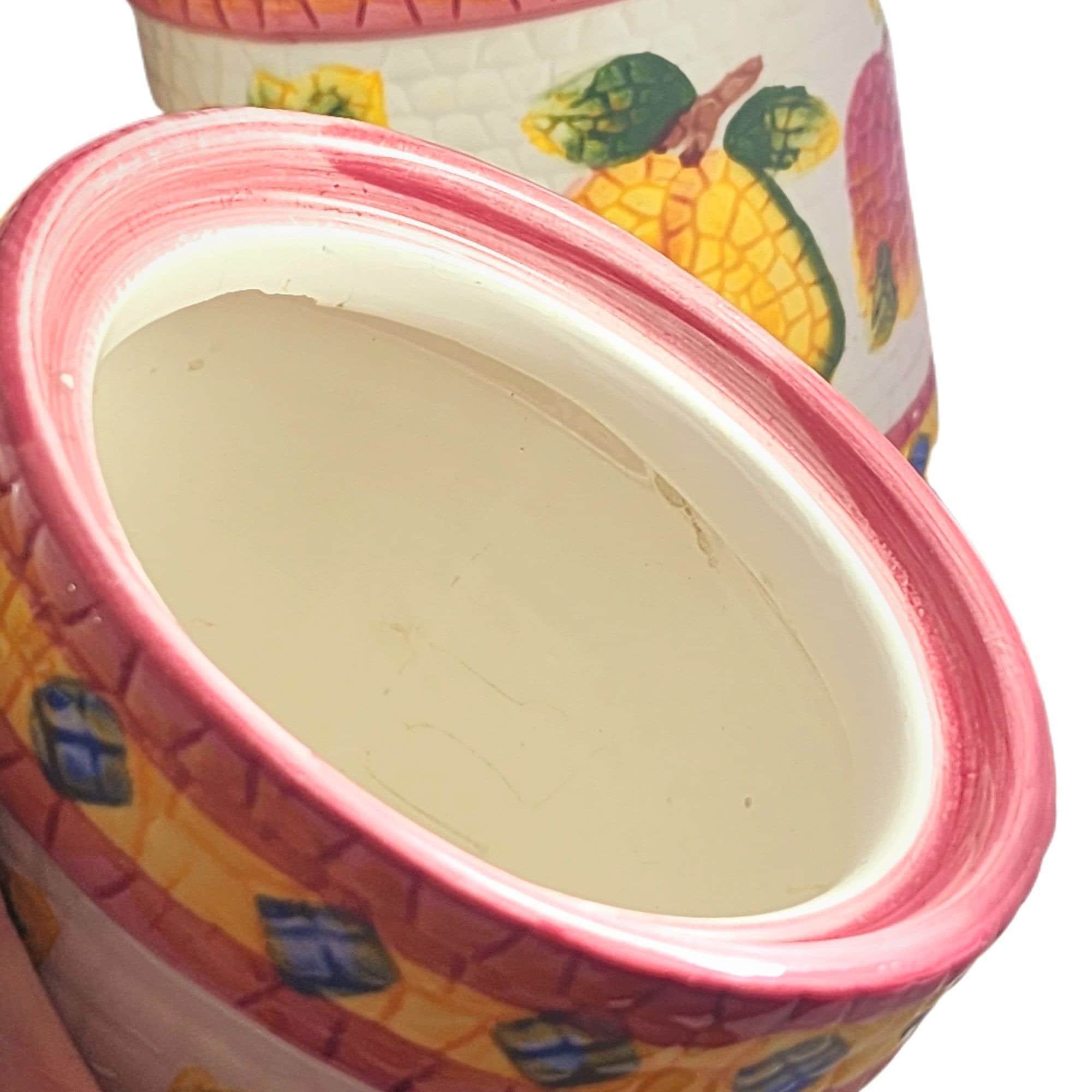 Vintage Farmhouse Canister Set 3pc Fruit Brick Pixel Pattern Ceramic ...