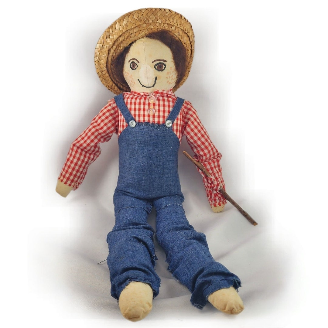 Antique Vintage Rag Doll Farmer With Straw Hat Handmade Scarecrow ...