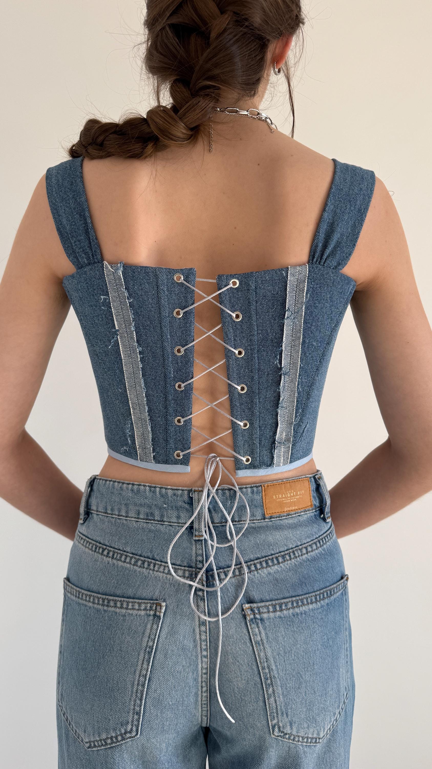 Upcycled Denim Corset Top, Vintage Jean Corset - Eco-friendly Fashion ...